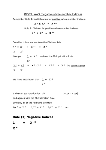 Index laws negative whole number indices (9-1) | Teaching Resources