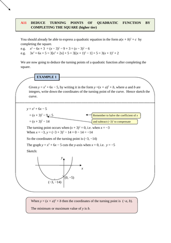 Quadratic functions turning points, intercepts and roots (Foundation ... Quadratic functions turning points, intercepts and roots (Foundation ...