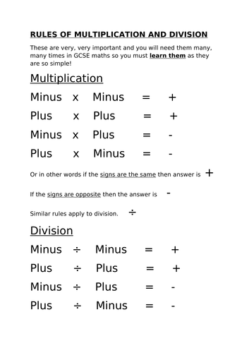 Rules of multiplication and division (9-1) | Teaching Resources
