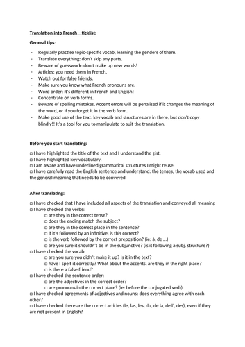 translation into French A level ticklist | Teaching Resources