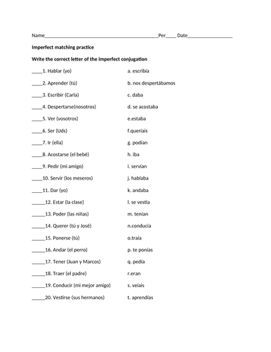 imperfect tense matching practice | Teaching Resources