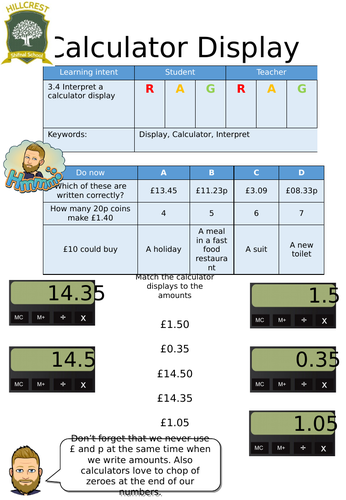 Interpretting Calculator displays- Entry level worksheet | Teaching ...