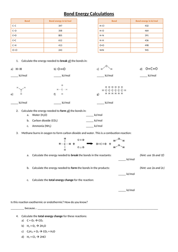 Bond Energy Calculations | Teaching Resources
