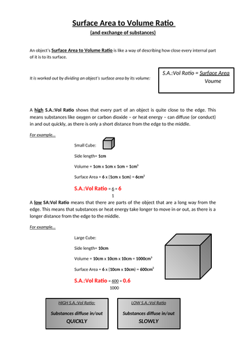 Surface Area to Volume Ratio Worksheet | Teaching Resources