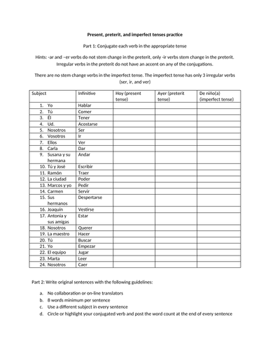 present preterit imperfect practice | Teaching Resources