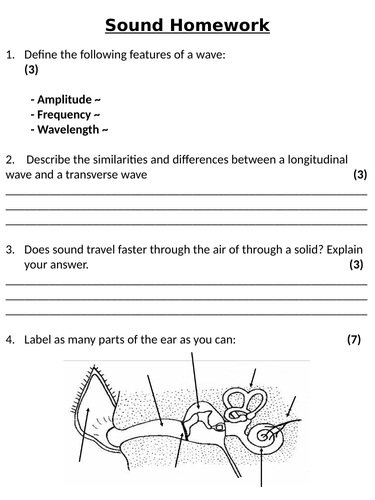 KS3 ~ Year 7 ~ Sound Homework | Teaching Resources