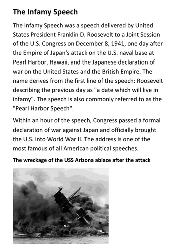 The Infamy Speech Pearl Harbor Handout | Teaching Resources