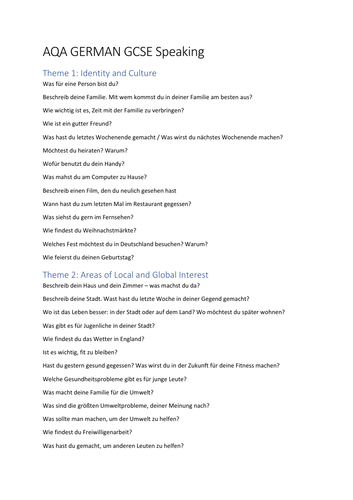 AQA GCSE German Speaking Questions List | Teaching Resources AQA GCSE German Speaking Questions List | Teaching Resources