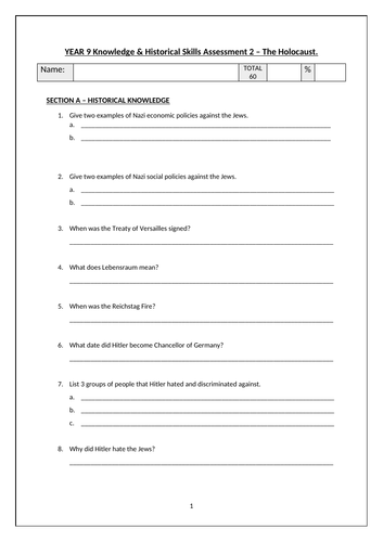 KS3 Hitler & the Holocaust knowledge organiser and assessment ...