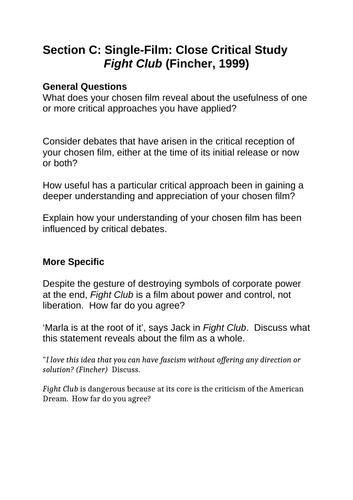 FILM STUDIES - FIGHT CLUB | Teaching Resources