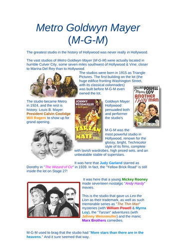 FILM STUDIES - GOLDEN AGE HOLLYWOOD STUDIOS | Teaching Resources