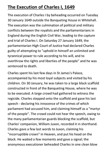 The Execution of Charles I, 1649 Handout | Teaching Resources