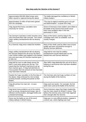 KS3 Was Haig the Butcher of the Somme? Lesson pack | Teaching Resources