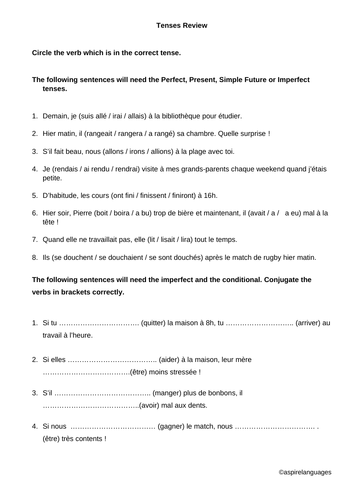 Tenses Consolidation Worksheet inc Si Clause with Imperfect and ...