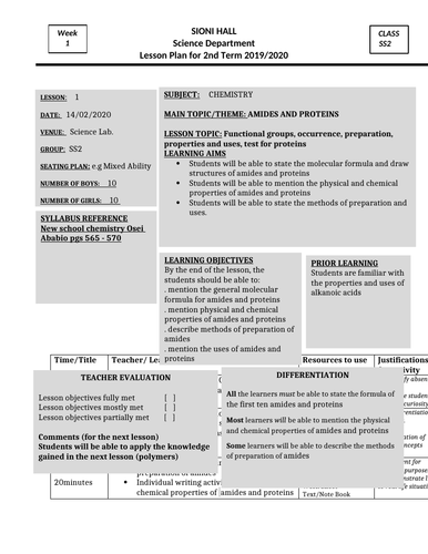 AMIDES AND PROTEINS LESSON PLAN | Teaching Resources
