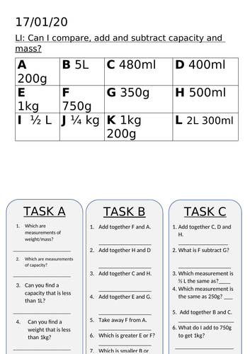 Measurement capacity and mass Year 3 - comparing, adding and ...
