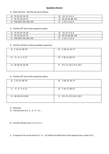 Quadratic nth term textbook exercise | Teaching Resources Quadratic nth term textbook exercise | Teaching Resources
