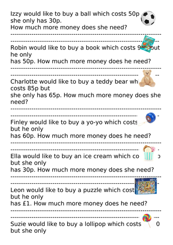 Year 2 - Money - Find the difference between 2 amounts | Teaching Resources