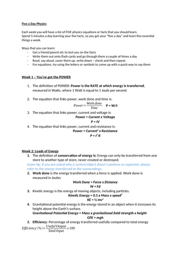 GCSE Physics Revision Tasks:5-a-day facts | Teaching Resources
