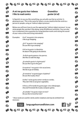 Spanish - likes and dislikes with verbs - A mí me gusta leer tebeos ...