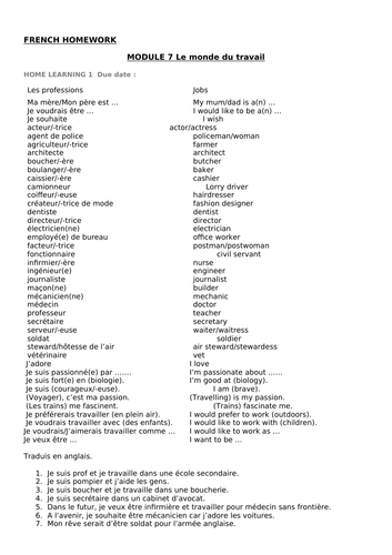 Homework booklet Module 7 Work- le monde du travail Edexcel | Teaching ...