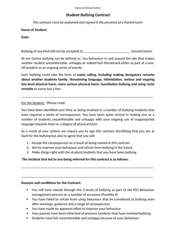 Bullying Contract and Letter Exemplar | Teaching Resources