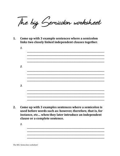 Semicolon Worksheet | Teaching Resources