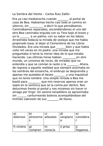 A Level Spanish Literary Gap Fill | Teaching Resources