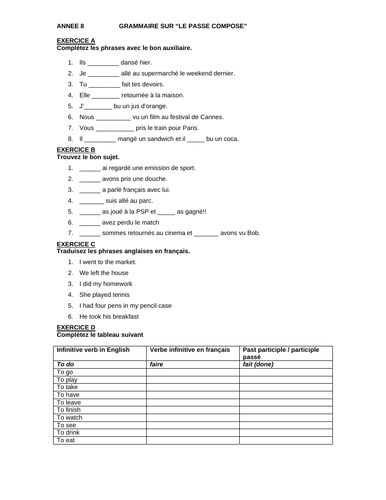 Past in French worksheet | Teaching Resources