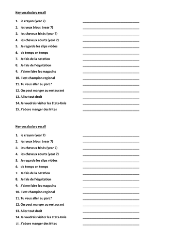 Key vocabulary recall tests | Teaching Resources