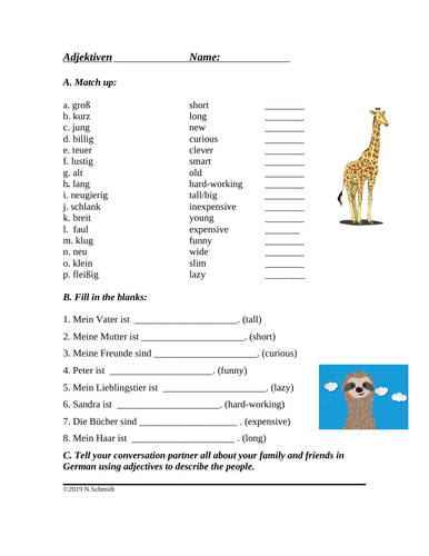 German Adjectives Worksheet: Adjektiven | Teaching Resources