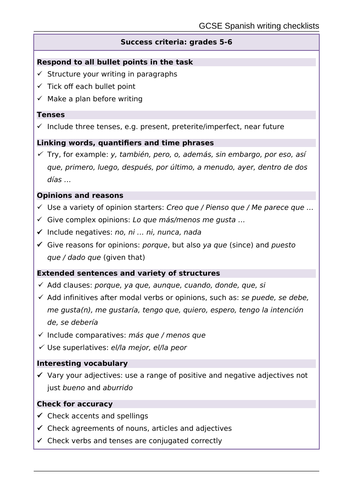 GCSE Spanish writing checklists | Teaching Resources