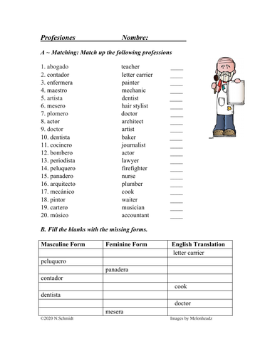 Spanish Professions Worksheet: Profesiones | Teaching Resources