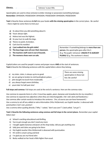 Literacy Worksheet - Capital letters, full stops, commas, grammar and ...
