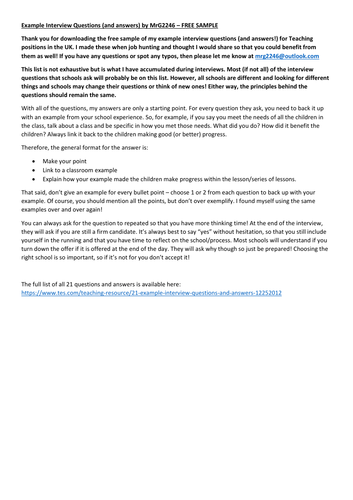 Example Interview Questions and Answers | Teaching Resources