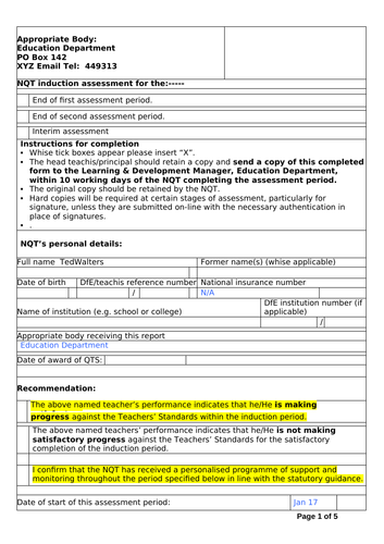 NQT report by the mentor | Teaching Resources
