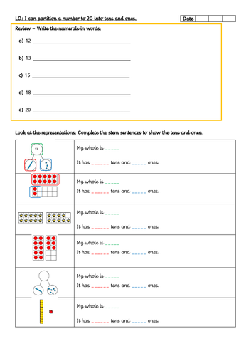 Paritioning Place Value to 20 | Teaching Resources