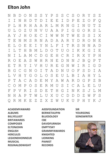 Elton John Word Search | Teaching Resources