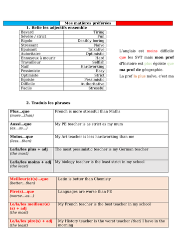 French GCSE ma matière préférée (comparatives) | Teaching Resources