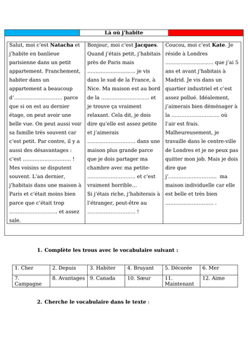 French GCSE là ou j'habite | Teaching Resources
