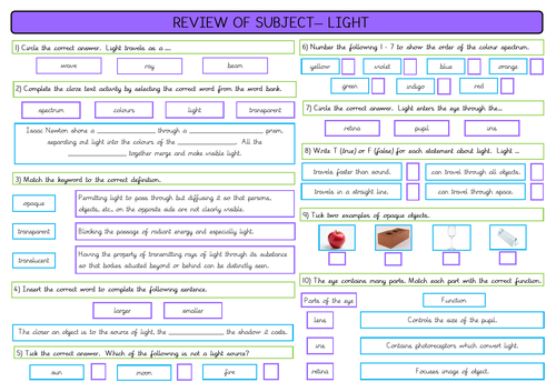 Light Review of Subject | Teaching Resources