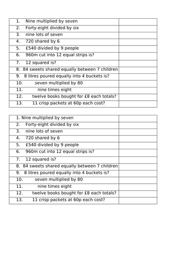 Times tables challenge questions Year 5 | Teaching Resources