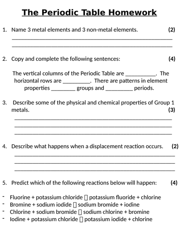 KS3 ~ Year 8 ~ The Periodic Table Homework | Teaching Resources