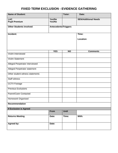 Fixed Term Exclusion Evidence Gathering Form | Teaching Resources