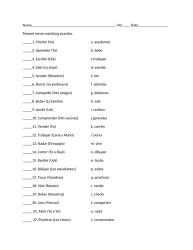 Present tense matching practice | Teaching Resources