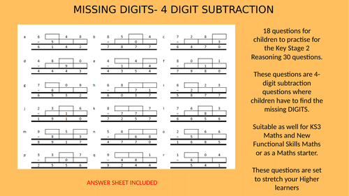 Missing Number Calculations - 4 digit subtraction | Teaching Resources