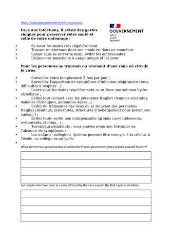 French advice for coronavirus comprehension | Teaching Resources