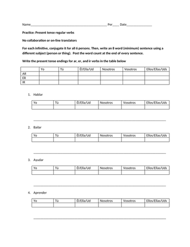 Present tense practice regular verbs | Teaching Resources