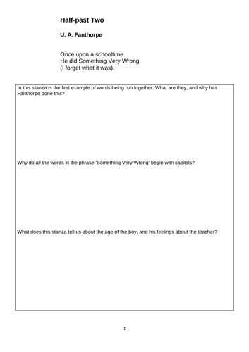 Half-past Two poem with boxes for notes. Use with Edexcel IGCSE Lit ...