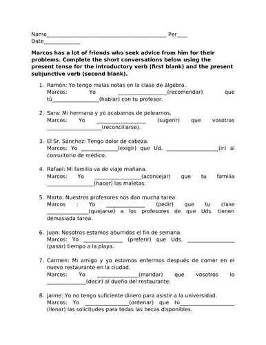 Subjunctive with advice worksheet | Teaching Resources